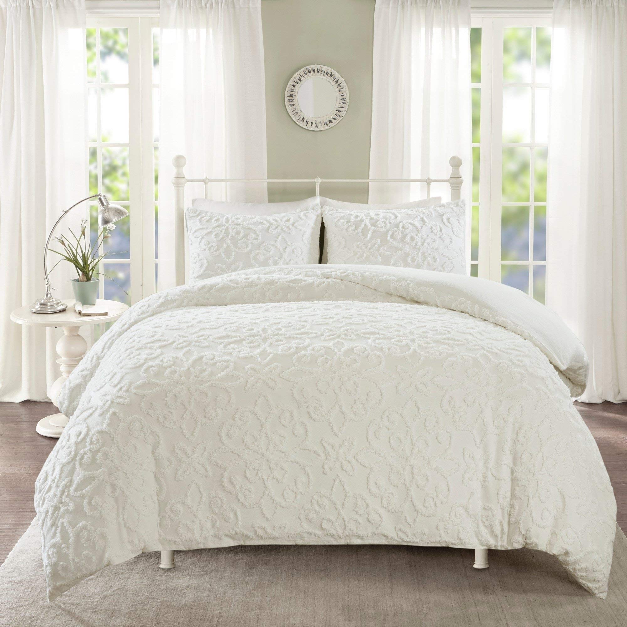 MISC White Chenille Duvet Cover Full Queen Set Tufted Bedding Floral Medallion Chenile Cotton Farmhouse Pretty Shabby Chic Country Charm, 3 Piece