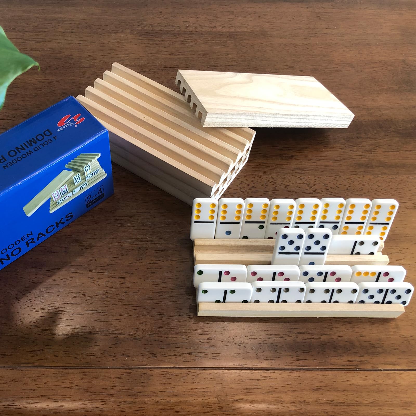 Yuanhe Domino Holder Trays Rack - Set of 4 Wooden Tiles Stand Holders for Mexican Train Rummy Chickenfoot
