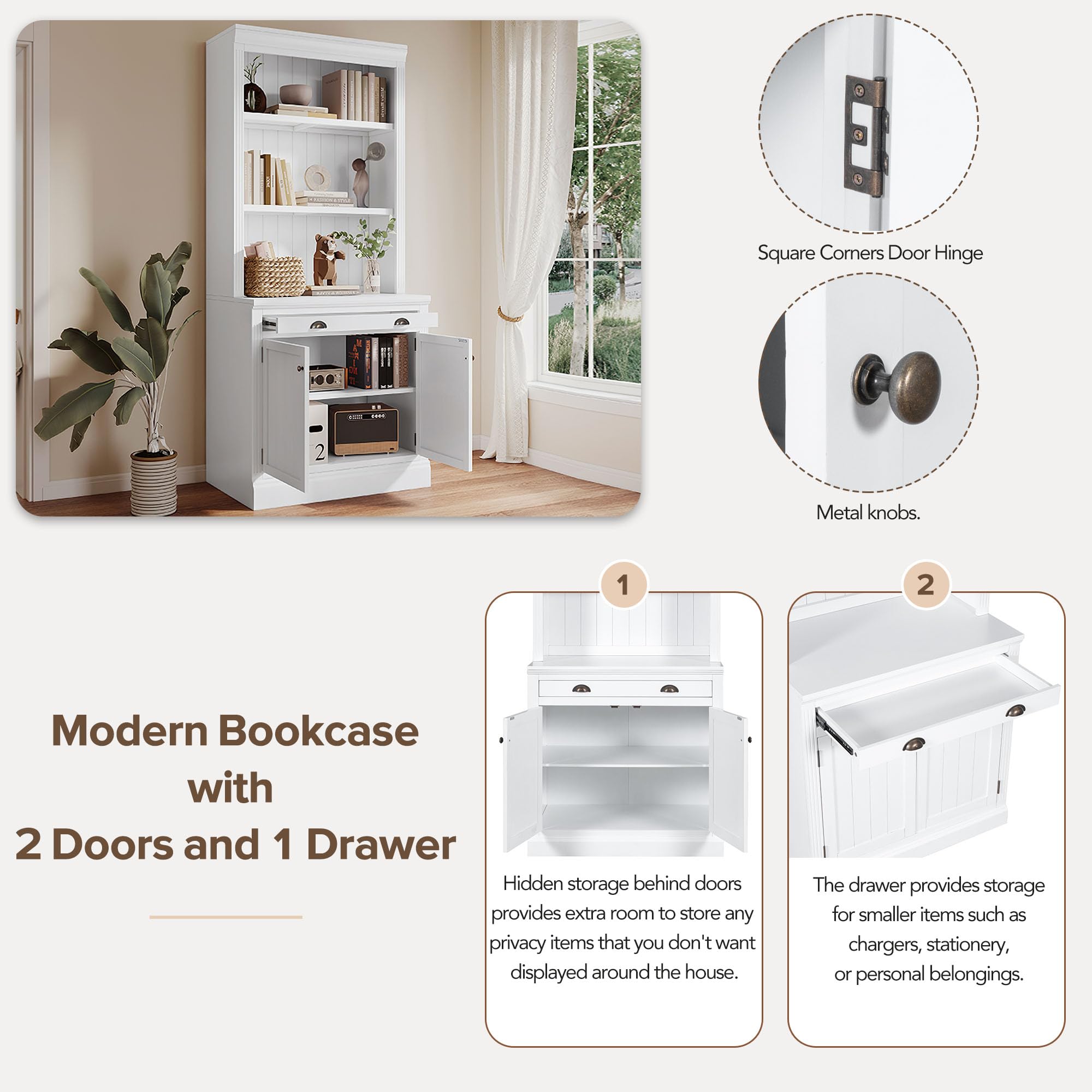 Linique 2PCS Modern Tall Bookshelf with LED Lights, Drawers, Open Shelves & Doors, Storage Bookcase with Adjustable Shelves for Living Room, Bedroom, Home Office, White