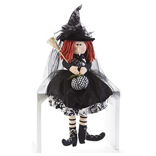 Delton Products Corp Sitting Halloween Witch in Black and White Dress with Pumpkin Figurine 23 Inches