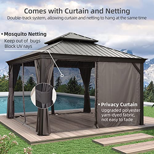 PURPLE LEAF 10' X 12' Permanent Hardtop Gazebo Aluminum Gazebo with Galvanized Steel Double Roof for Patio Lawn and Garden, Curtains and Netting Included, Grey