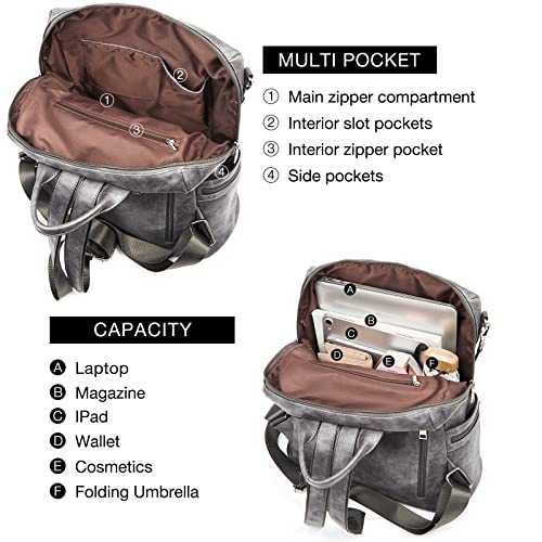 FOXLOVER Backpack Purse for Women Large Womens Backpack Leather Travel Backpack Fashion Backpack Purse Designer Ladies Shoulder Bags(Grey)