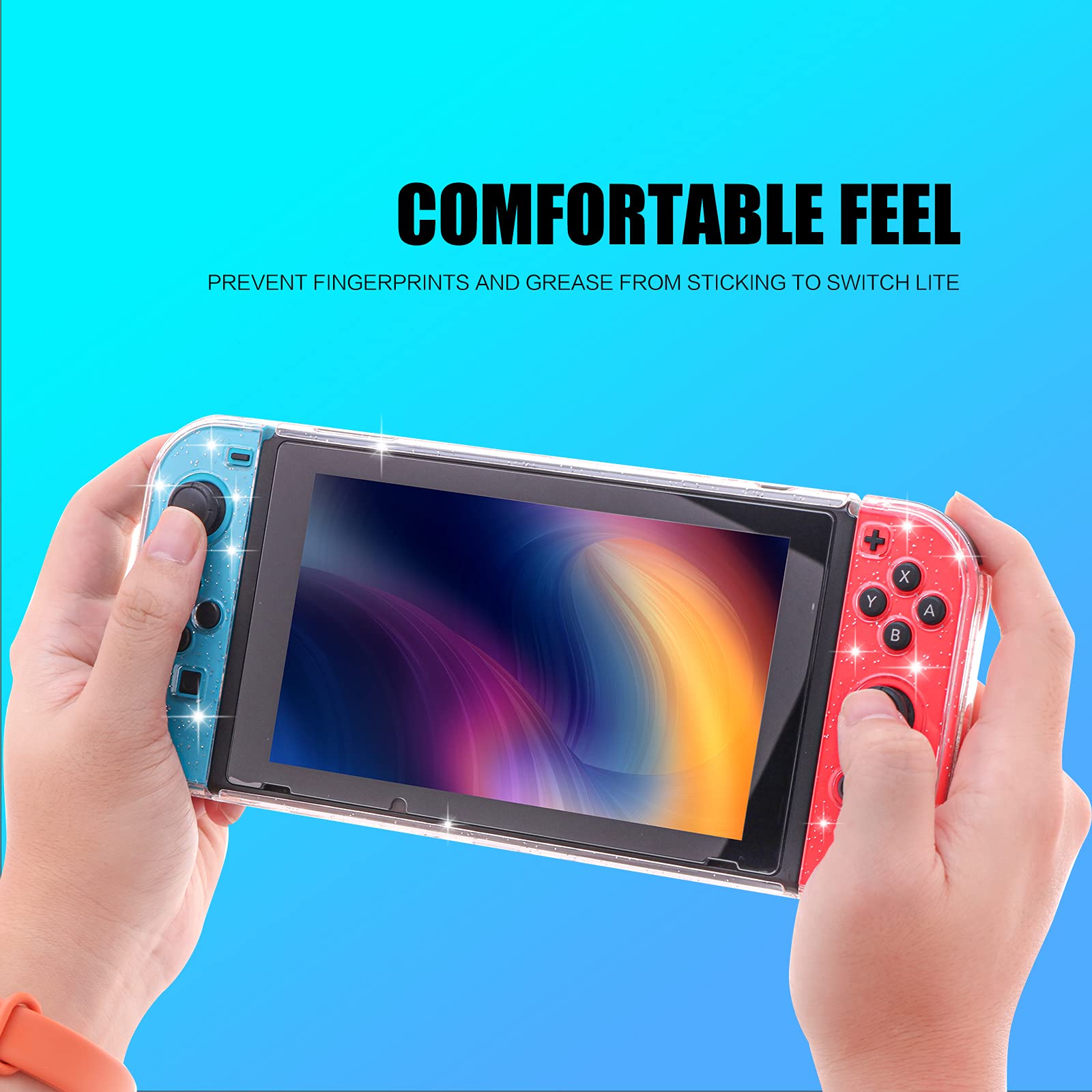 Dockable Case for Nintendo Switch, Protective Case for Nintendo Switch with a Tempered Glass Screen Protector and 6 Joy Stick Covers, Fit into The Dock Station - Clear Glitter