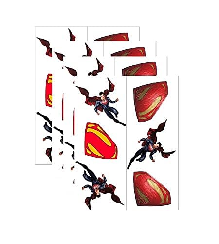 Superman Birthday Party Supplies Bundle includes Plates, Cups, Napkins, Table Cover, Invitations, Thank You Notes, Cape, Hanging Decoration, Centerpiece, Tattoo