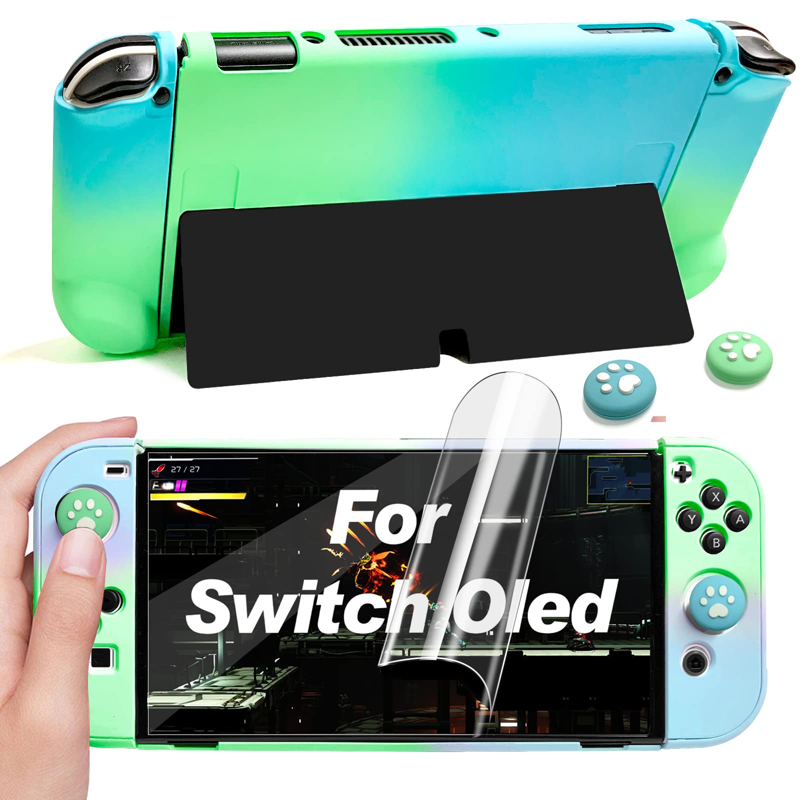 Dockable Case for for Switch OLED 2021, PC Hard Dockable Girl Ultra Thin 3 in 1 Protective Cover Case for Nintendo Switch and Joy-Con Controller with Screen Protector and 2 Thumb Grips (Blue+Green)