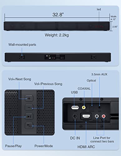 Puxinat 2 in 1 Separable Sound Bars for TV, 2.2 Channel 32Inch Bluetooth 5.0 TV Speaker for Surround Sound System, Built-in Dual Subwoofer, Bass Adjustable, Remote Control Included
