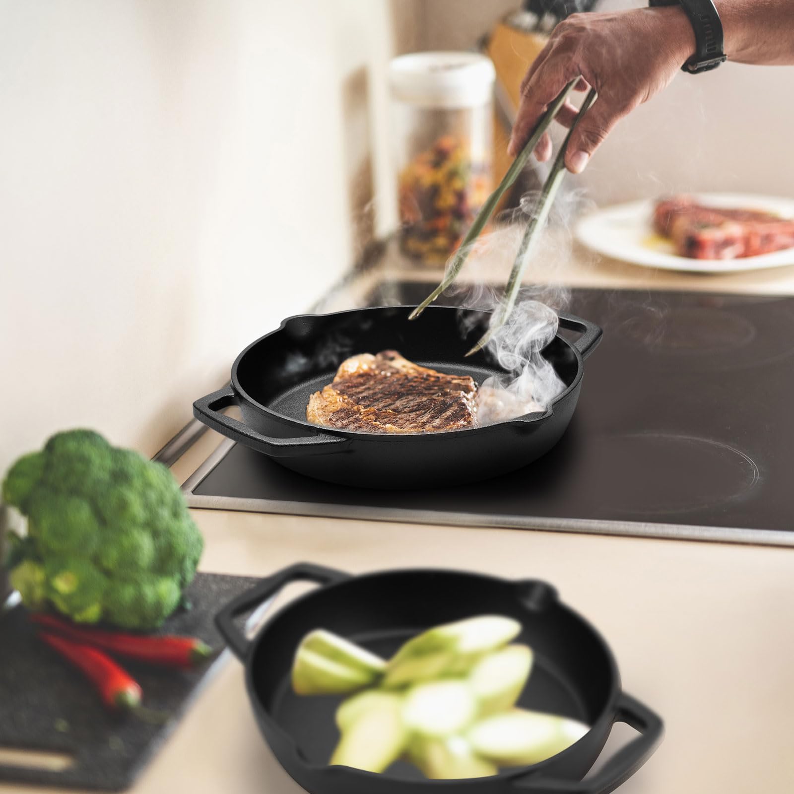 Sunnychicc 12 Inch Cast Iron Pan Dual Handle Cast Iron Skillet Black Casserole Dish Cast Iron Cookware Oven Safe Cast Iron Ramekin for Kitchen Indoor Outdoor Camping Picnic(1 Pcs)