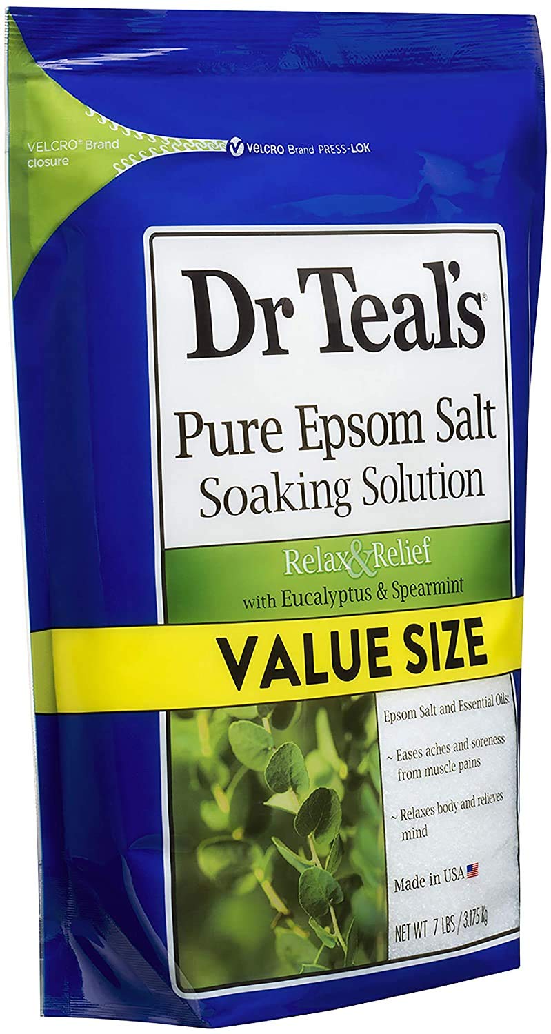 Dr Teal's Eucalyptus & Spearmint Salt Bath (3 Pack, 7lb Ea) - Relax & Relief Formula - Essential Oils Blended with Pure Epsom Salt - Ease Aches & Pains, Clear The Mind & Senses - Value Size Bag