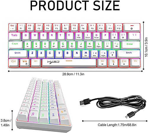 Compact Mechanical Gaming Keyboard Mini Portable with Ergonomic 61 Key Layout Multi Rainbow LED Backlight Anti-ghosting Waterproof Type-C USB Wired for PC MAC Gamer Computer Typist(White/Blue Switch)