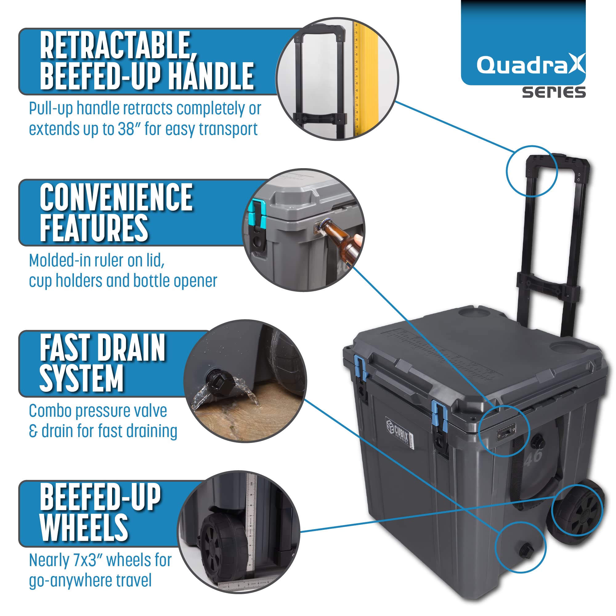 Cubix Outdoors QuadraX 46QT Wheeled Rotomolded Portable Hard Cooler for Camping, Fishing, Beach | Heavy Duty Insulated Ice Chest with Wheels and Handle | Cold Retention 5 Days
