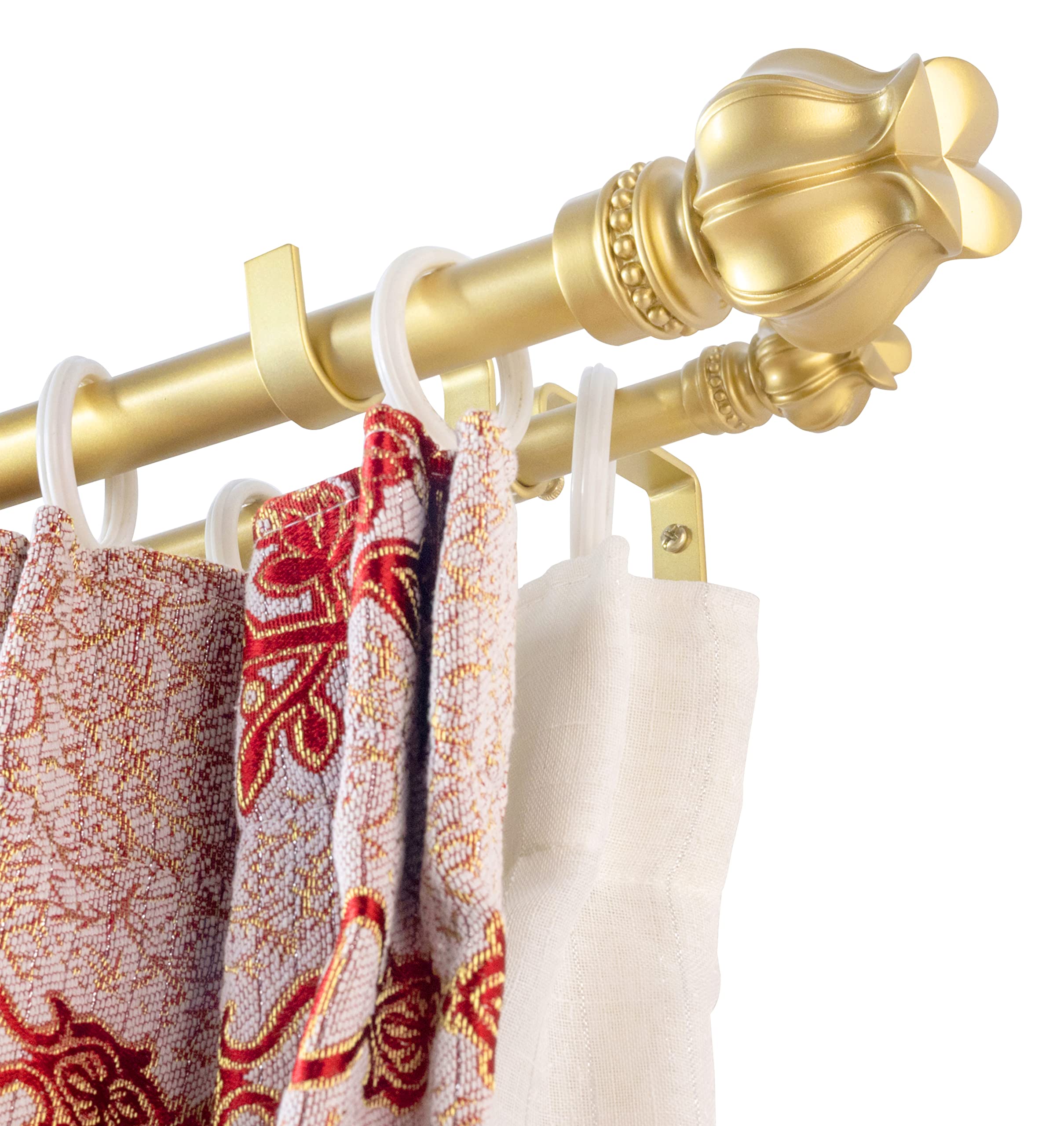 DMNLTT 1-Inch Double Curtain Rod, Flower Finial,84-inch to 120-inch Adjustable,Golden, 84''-120''