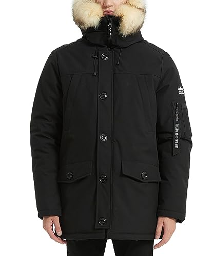 PUREMSX Men's Padded Jacket Insulated, Expedition Mountain Heavy Weight Thicken Lined Skiing Fur Hooded Long Anorak Parka,Black,Small