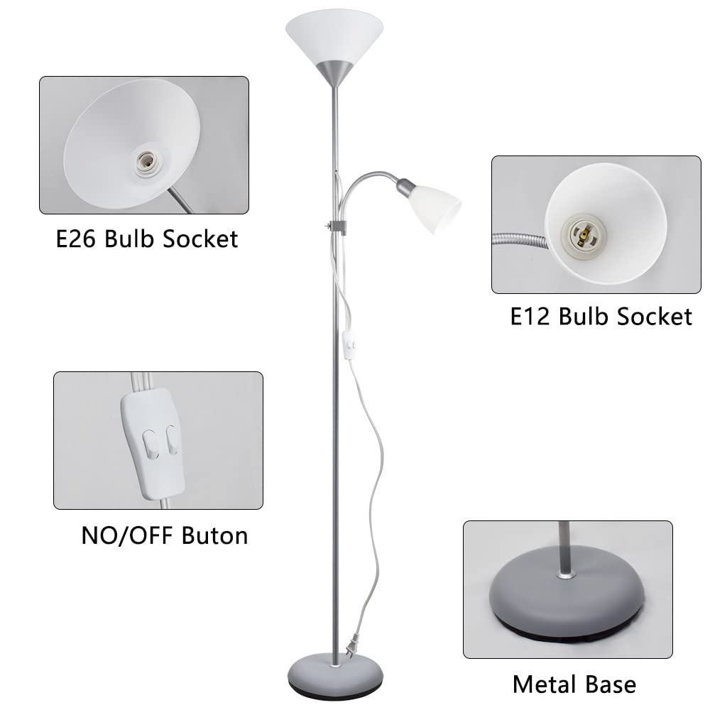 DINGLILIGHTING LED Floor Lamp DLLT Mother-Daughter Floor Lamps with Reading Lights, Modern Standing Pole Light, Torchiere Free Standing Lamp for Living Room, Bedroom, Office (Silver)