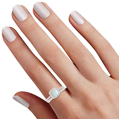 Cushion Cut Lab Created Opal And 0.25 Cttw White Natural Diamond Frame Art Deco Bridal Set Engagement Ring In 10k Solid Rose Gold Ring Size-7