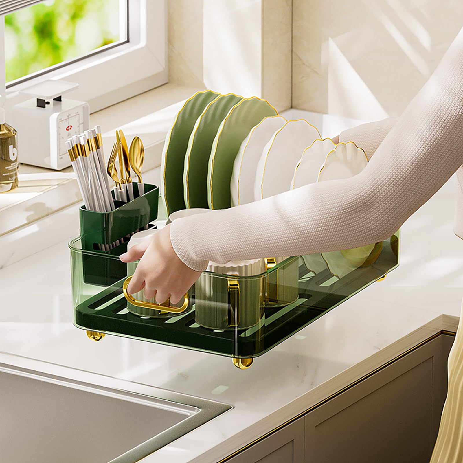 ENTERLIFE Plastic Dish Drying Rack for Kitchen Counter Rustproof Removable Cutlery Holder, Sink Organizer Dish Rack Drainboard ,Multifunctional Vegetable and Fruit Drain Rack(Clear)