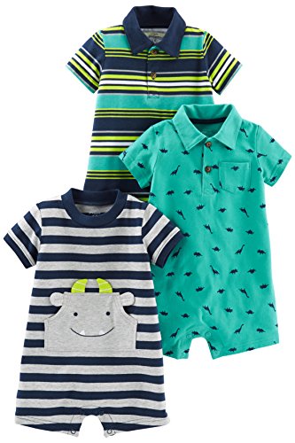 Simple Joys by Carter's Baby Boys' Rompers, Pack of 3, Green Dinosaur/Navy Stripe/Yellow Stripe, 18 Months