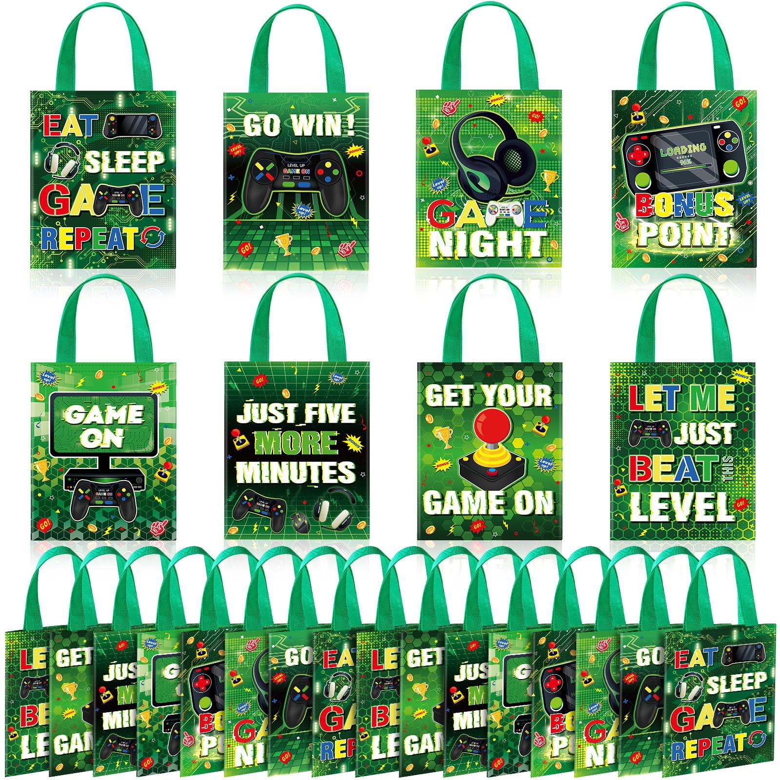 Photect 24 Pcs Video Game Party Gift Bags Non Woven Party Favor Bags for Boys Game Theme Goodie Treat Candy Bags with Handles for Kids Gaming Birthday Party Baby Shower Supplies Decorations