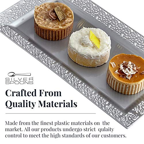 Elegant Lace Plastic Serving Trays (6 PC), Disposable Plastic Trays and Platters for Party - 14β x 7.5β, Serves Snacks, Charcuterie, Desserts, Sweets, Perfect for Upscale Wedding, and Dining - Silver