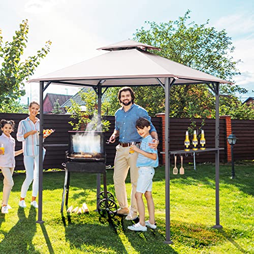 Easylee 8' x 5' Grill Gazebo for Outdoor BBQ, Steel Frame Gazebo with LED Lights and Hook, Double Tiered Barbecue Canopy Tent (Beige-White)