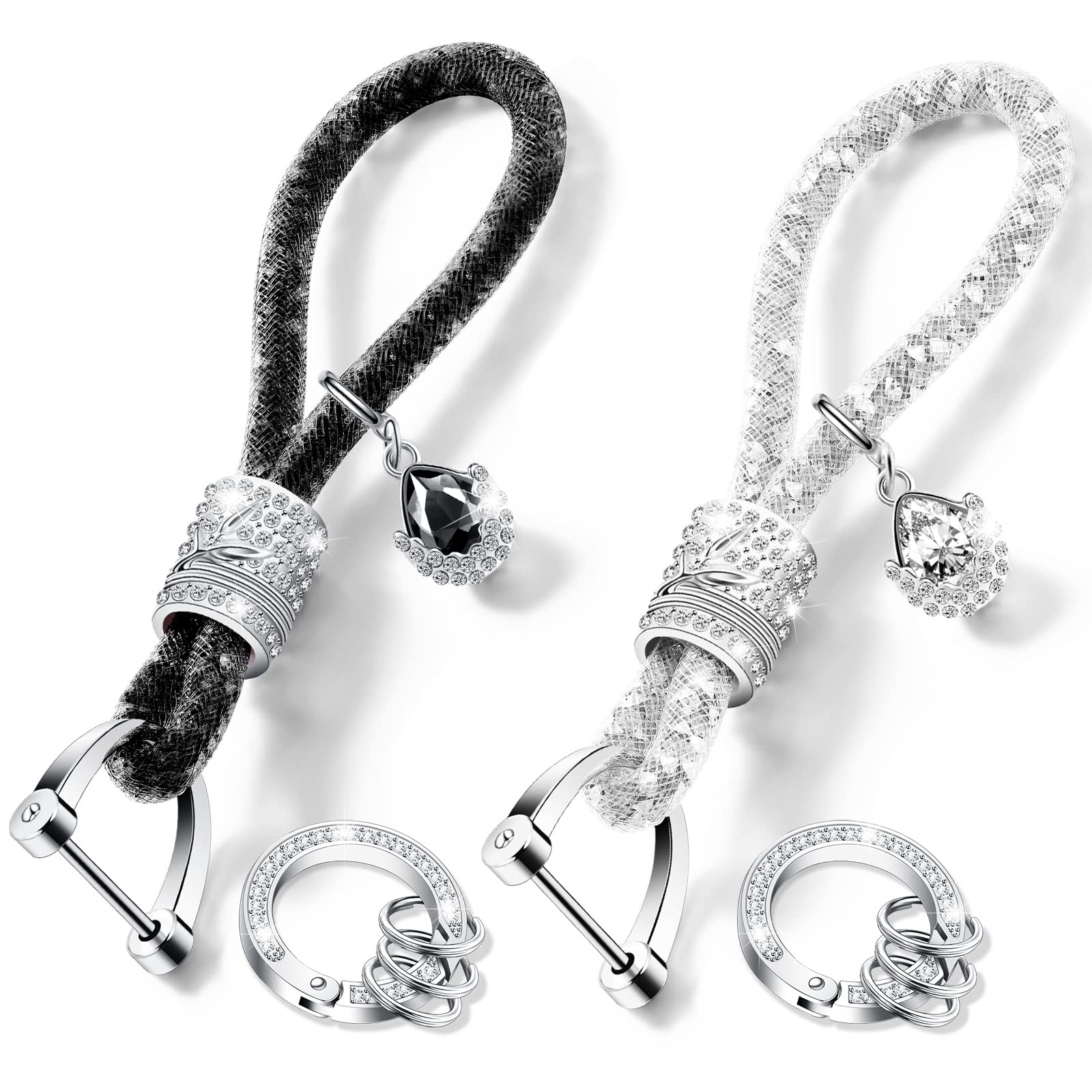 Crystal Bling Car Keychain for Women Glitter Rhinestone Keychain Ring Strap Keychain Accessories Car Key Decorations, Black, White, Large