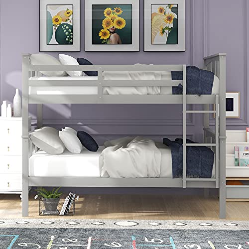 Voohek Full Over Full Bunk Bed with Ladder, Wood Bedframe Full-Length Guardrail for Kids, Teens, Bedroom, Home Furniture, No Box Spring Required, Gray