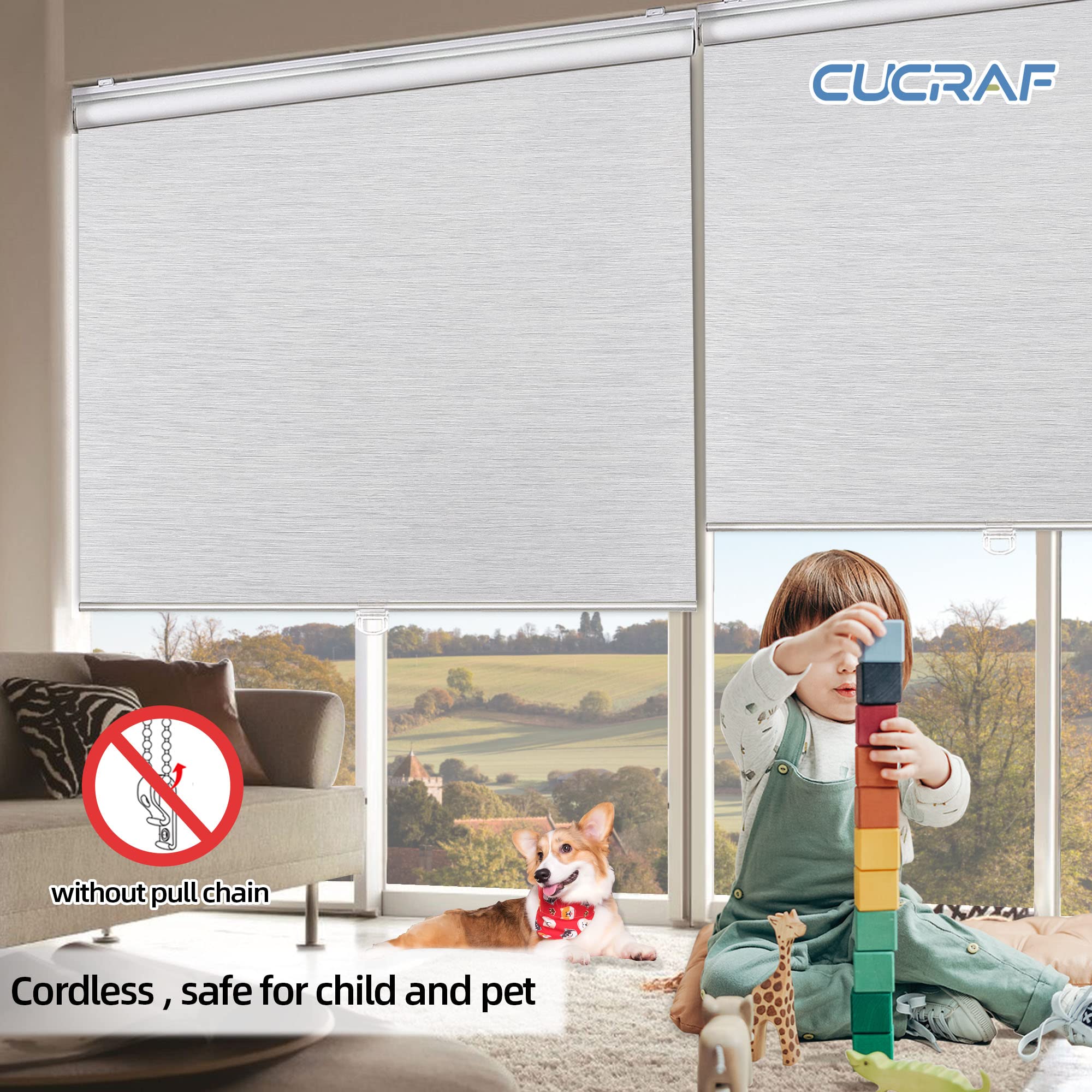 CUCRAF Roller Blinds for Windows Cordless,100% Blackout Blinds Window Shades for Bedroom,Thermal Insulated Window Blinds for Home,Light Blocking,Easy to Install,Light Grey, 35" W x 72" H