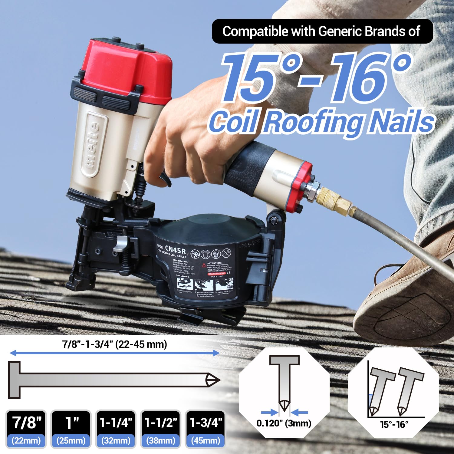 meite Roofing Nailer, Pneumatic Coil Roofing Nail Gun, Compatible with 15 Degree 7/8" to 1-3/4" Coil Roofing Nails, Lightweight Roofing Tools with Adjustable Nail Depth, Safety Switch (CN45R)