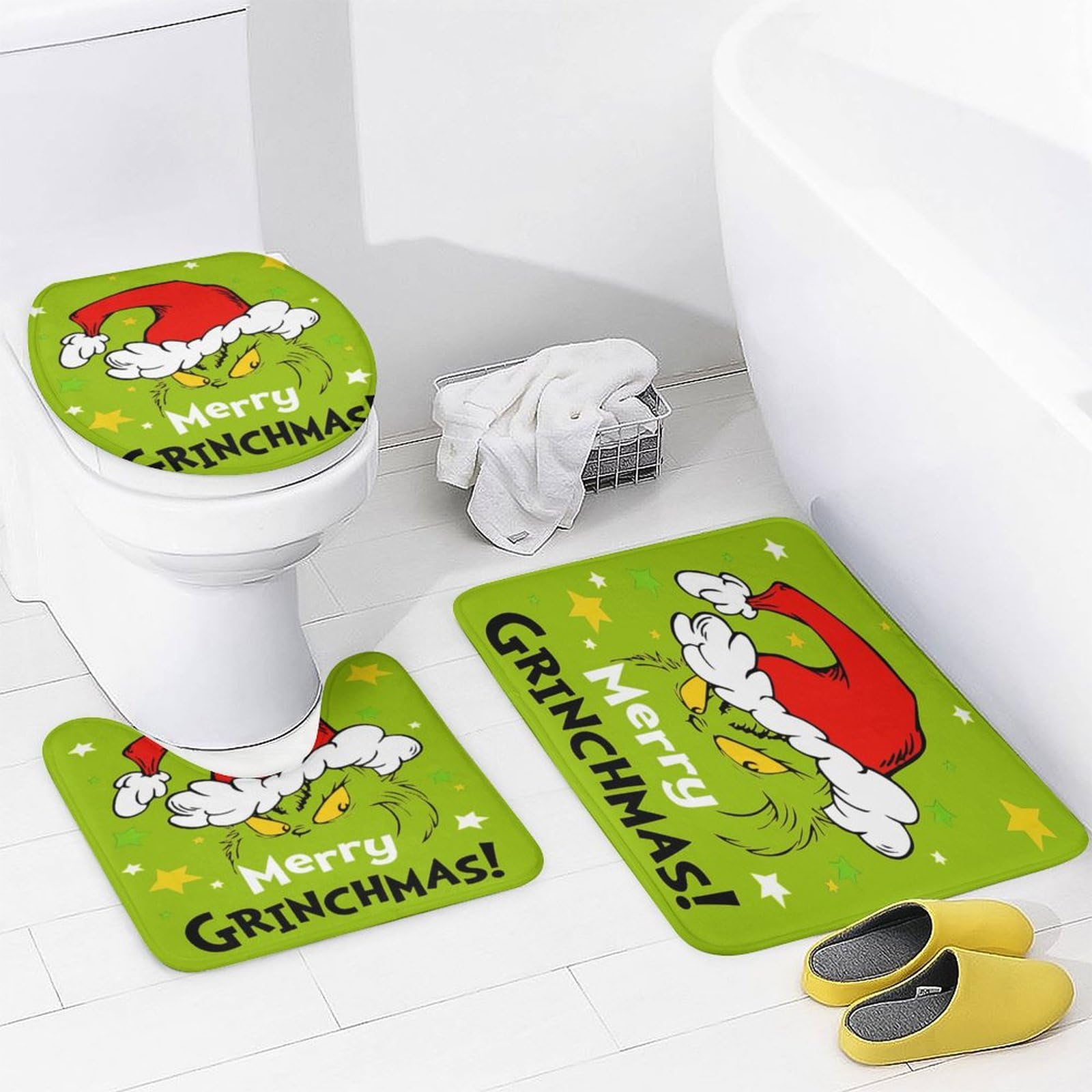 DELSRROW Christmas 4PCS Shower Curtain Set with Non-Slip Mat,Toilet Lid Cover,and Bath Mat, Polyester Fabric Shower Curtain with 12 Hooks,Durable Bathroom Decor Set 72 * 72INCH