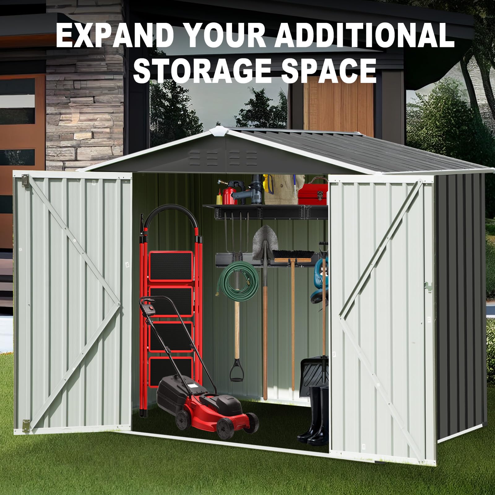 Udekoo Outdoor Storage Shed Metal 4.2x7 FT, Portable Utility Tool Outside Shed Box Waterproof Large Shed House for Patio Backyard Garden, Grey