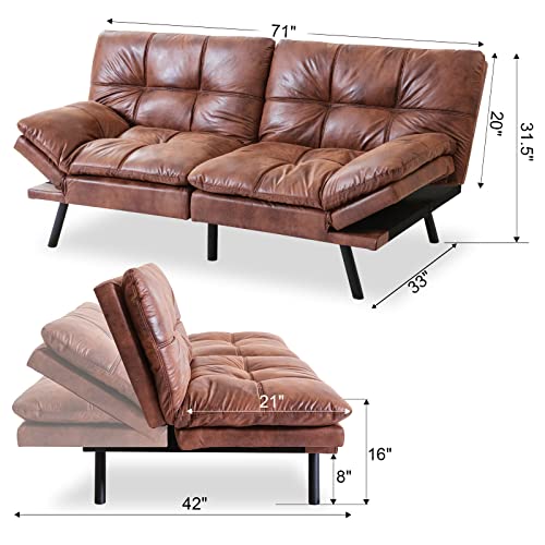 Maxspeed Leather Futon Sofa Bed,Convertible Memory Foam Couch Bed,Modern Loveseat with Covertible Armrests for RV Car Living Room&Bedroom Small Space(Brown)