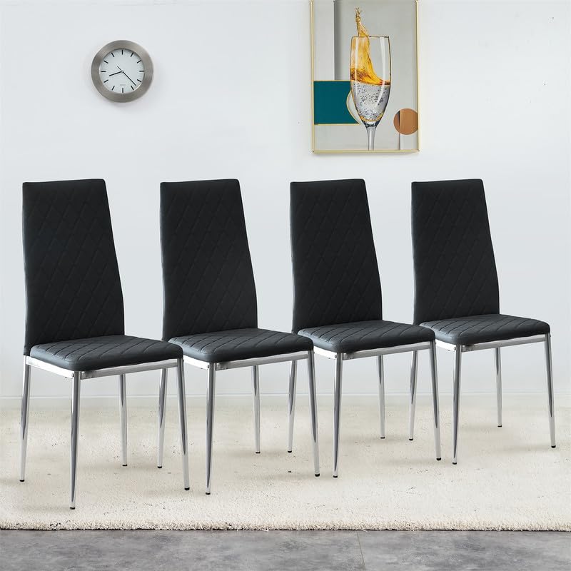 Dining Chairs Set of 4, Upholstered Dining Room Chairs with High Backrest and Silver Metal Legs, Modern Leather Armless Kitchen Chairs for Living Room, Dining Room, Restaurants, Bedroom, White