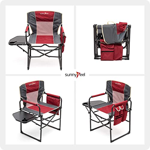 SUNNYFEEL Camping Directors Chair, Heavy Duty,Oversized Portable Folding Chair with Side Table, Pocket for Beach, Fishing,Trip,Picnic,Lawn,Concert Outdoor Foldable Camp Chairs (Red)