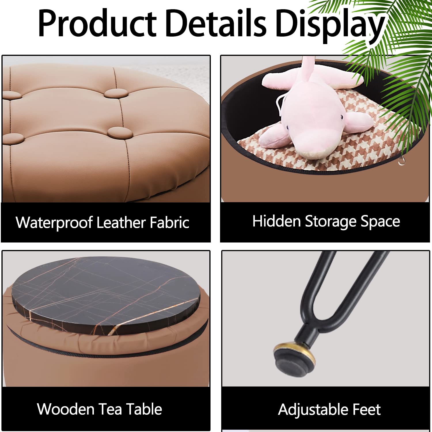 Cpintltr Modern Faux Leather Foot Rest Stool Upholstered Round Storage Ottomans Multipurpose Dressing Stools Luxury Home Decor Ottoman Coffee Table Top Cover Footstool for Couch Entryway Brown