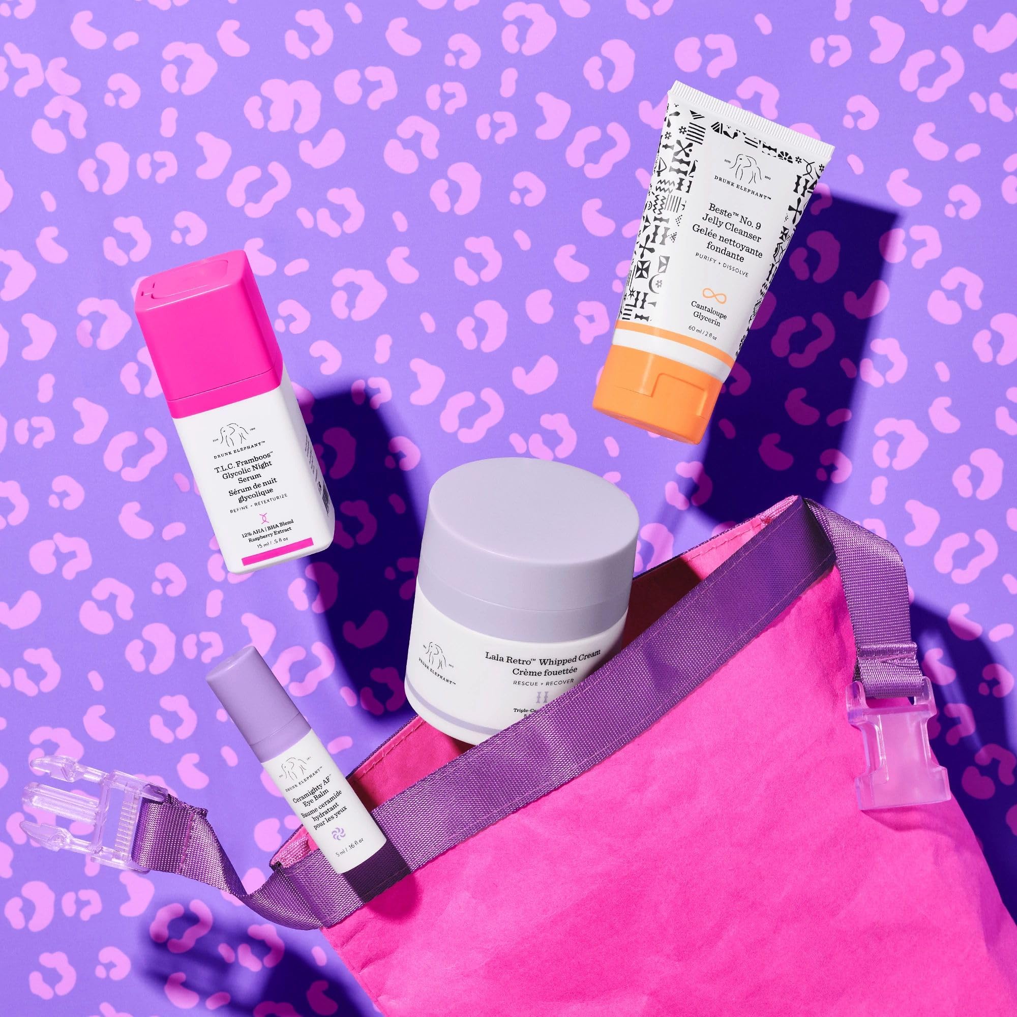 Drunk Elephant Wild Night: The Evening Kit: includes Lala Retro Whipped Cream, T.L.C. Framboos Glycolic Night Serum, Ceramighty AF Eye Balm, and Beste No. 9 Jelly Cleanser