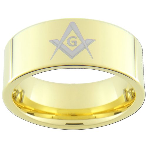 Custom Jewelry 9mm Gold Tungsten Carbide Freemason Masonic Square and Compass Ring Size 11