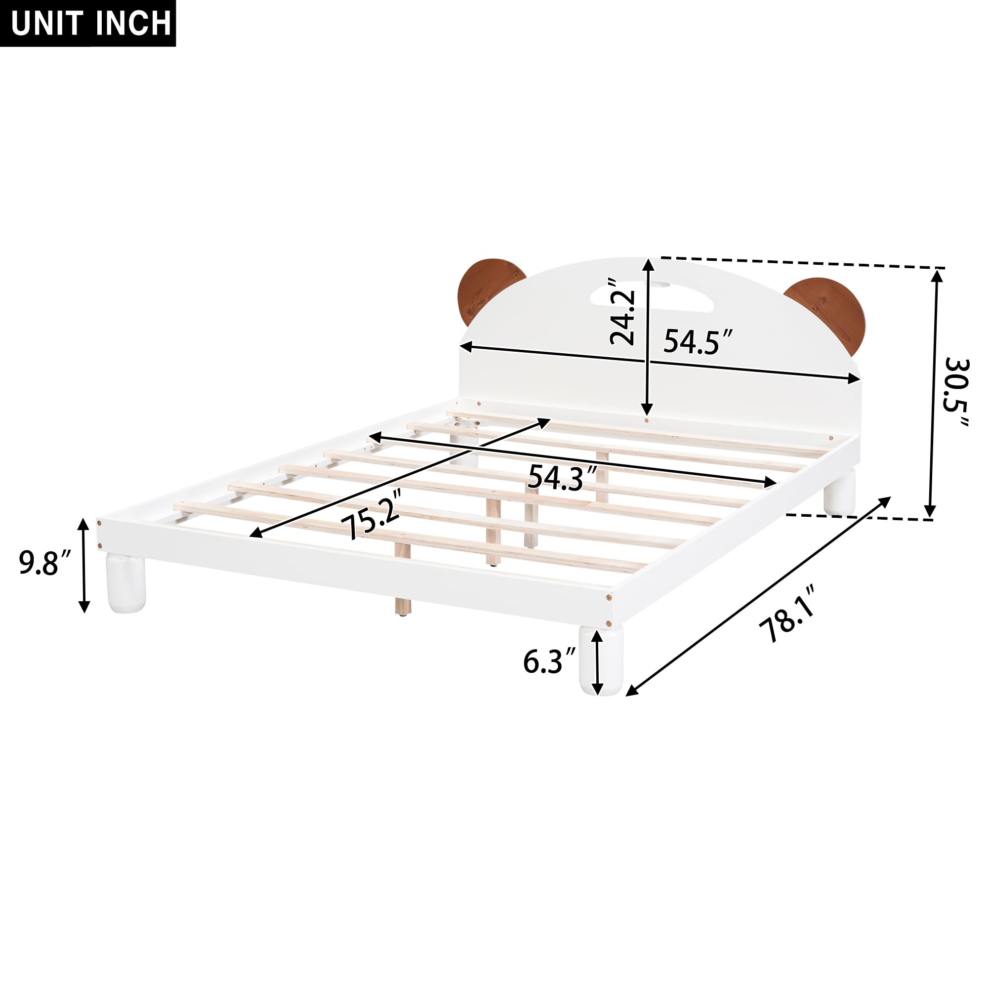 DOLPRNE Full Size Platform Bed with Bear Ears Shaped Headboard and LED for Kids Adults Bedroom,Cream, Creamy White