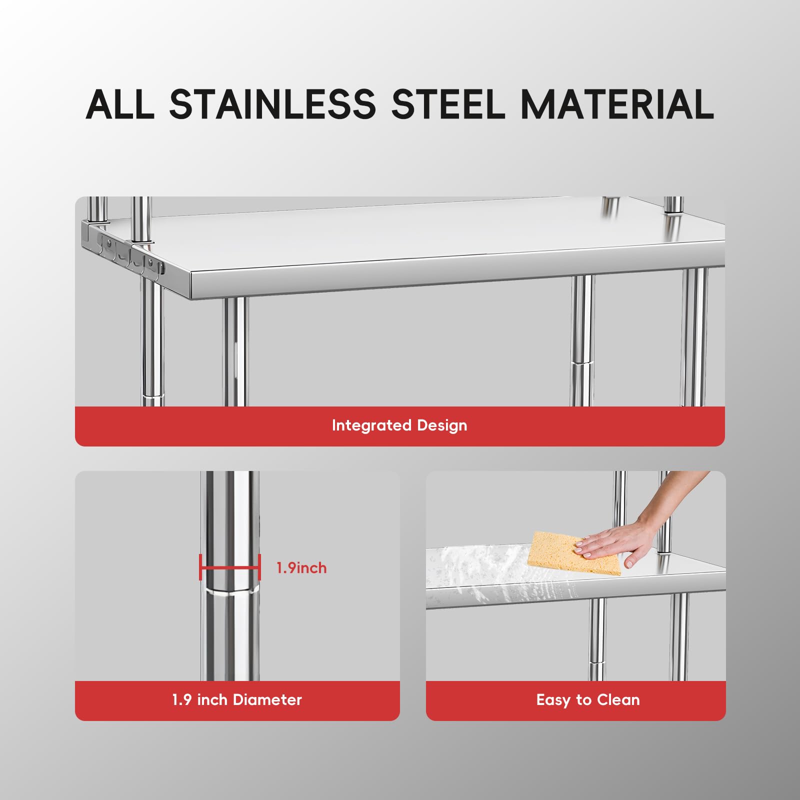 MOVECOM Stainless Steel Table with Overshelves, 48" X 24" Commercial Work Table with 48" X 12" Shelf, Metal Kitchen Prep Table & Shelving Combo