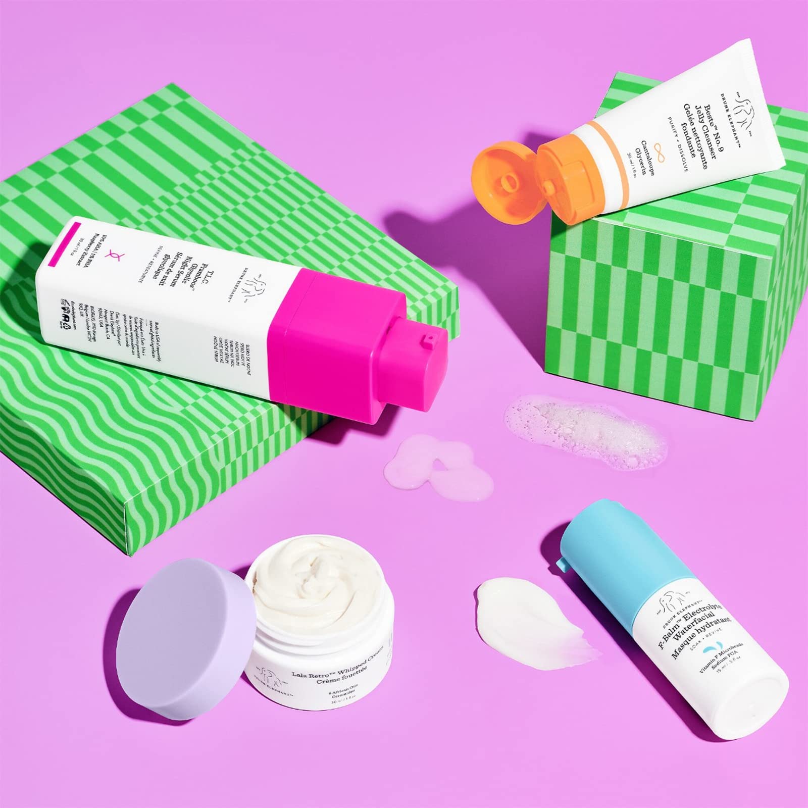 Drunk Elephant Drunk Break: A Night to Remember Night Kit - T.L.C. Framboos Glycolic Night Serum, Lala Retro Whipped Cream, Beste No. 9 Jelly Cleanser, F-Balm Electrolyte Waterfacial