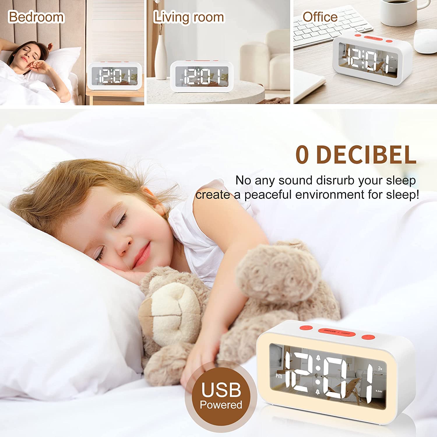 Digital Alarm Clock for Bedrooms, Digital Clock with Night Light 0-100% Adjustable Brightness Mirror LED Sound Activation Power-Off Memory 12/24Hr Snooze USB Port for Kids Bedside Home Office (White)