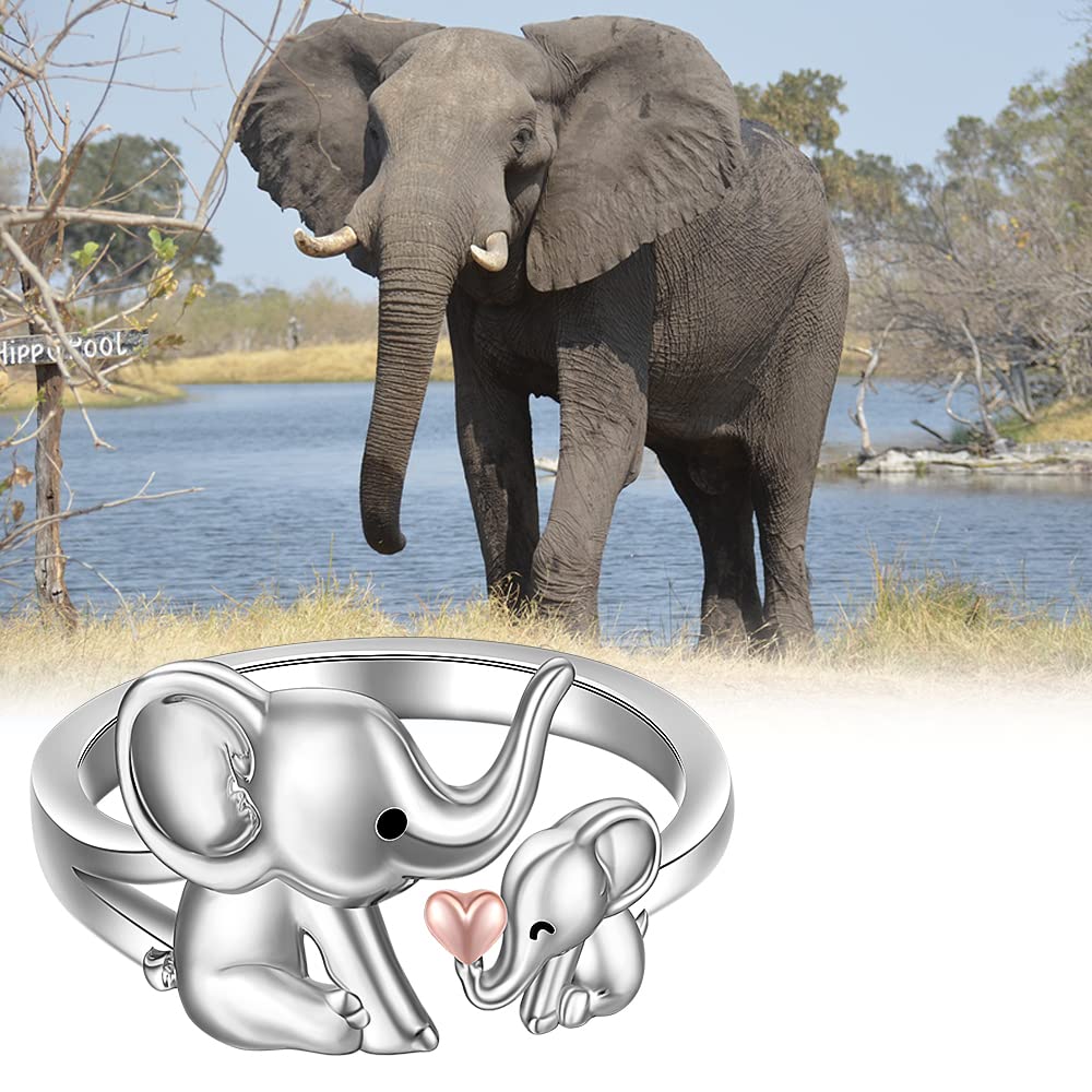 Fenthring Sterling Silver Elephant Ring Mama Elephant Rings Rose Gold Plated Heart Family 2 Elephants Gift Size 9