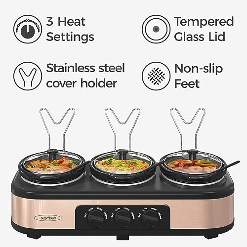 Sunvivi Triple Slow Cookers, 3x1.5 Qt Food Warmer Adjustable-Temp Server, Buffet Server for Parties, Mini Crock Dips Pot, Entertaining & Holiday, Dishwasher Safe Glass Lid & Ceramic Pot, Stainless Copper with Lid Rests, 2 Year-Guarantee