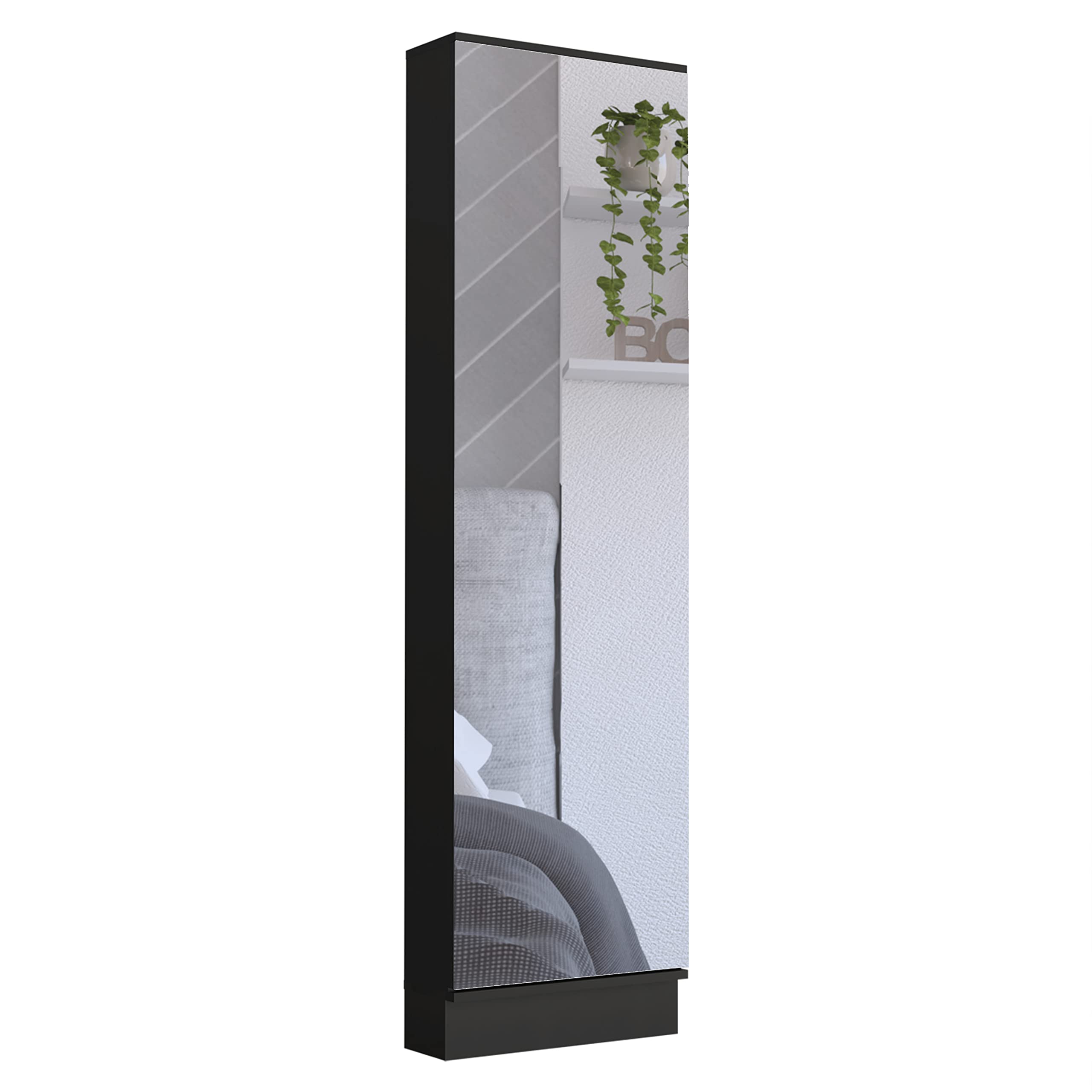 TUHOME Leto XL Shoe Rack with Mirror and 5 Inner Shelves, Black