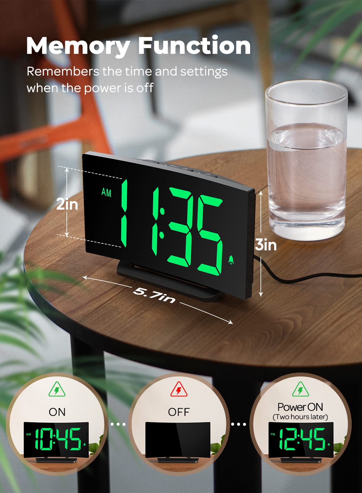Digital Alarm Clocks for Bedrooms, Digital Clock with LED Curved Screen Display, 5 Adjustable Brightness+off, 3 Ringtones, 2 Levels Volume, 12/24H, Snooze, Outlet Powered Bedside Clock for Kids Adults