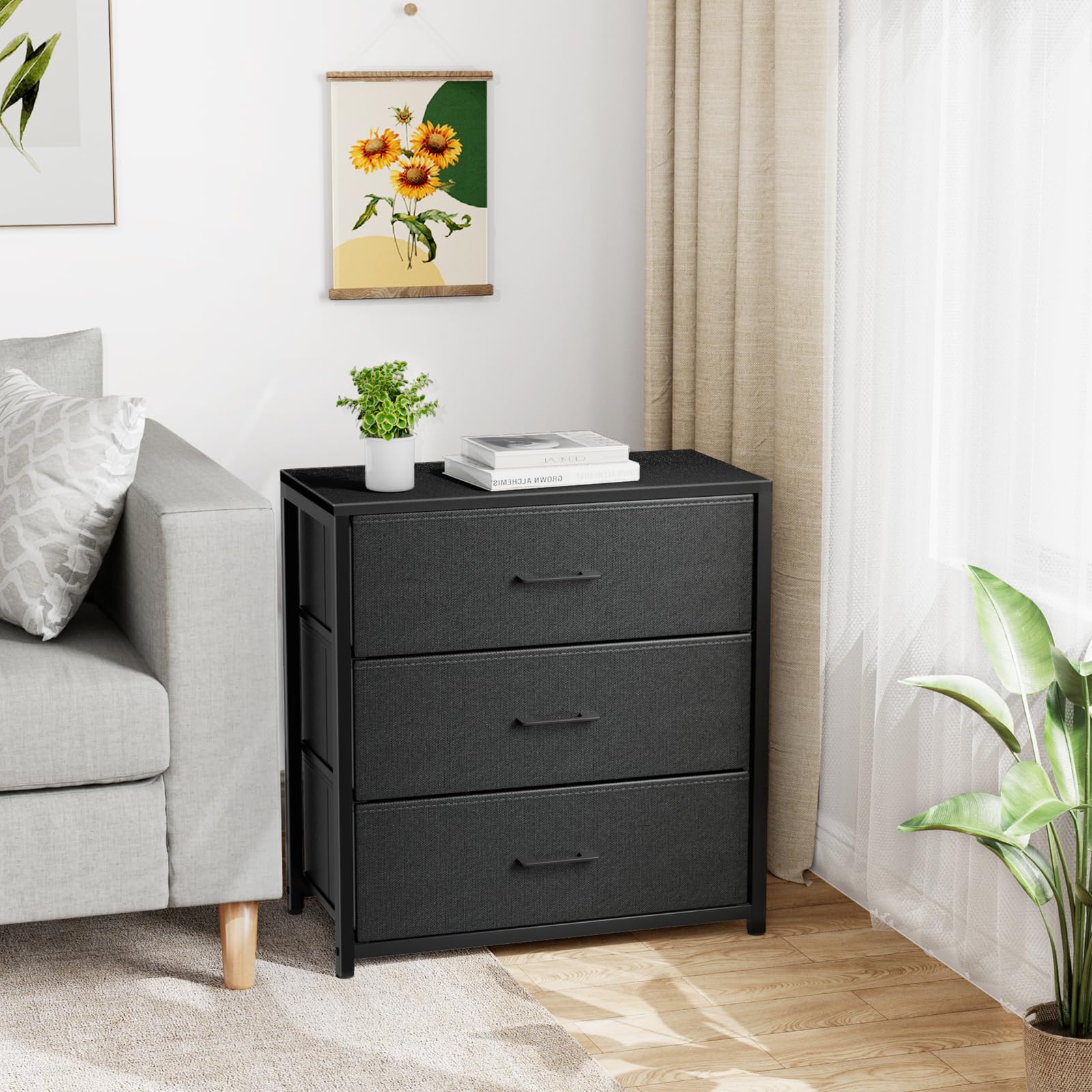 Memobarco Nightstand with 3 Drawers for Bedroom, Storage Dresser with Fabric Drawers and Metal Frame for Closet, Living Room, Bedside Table with Wood Top, Easy Pull Handle, Black