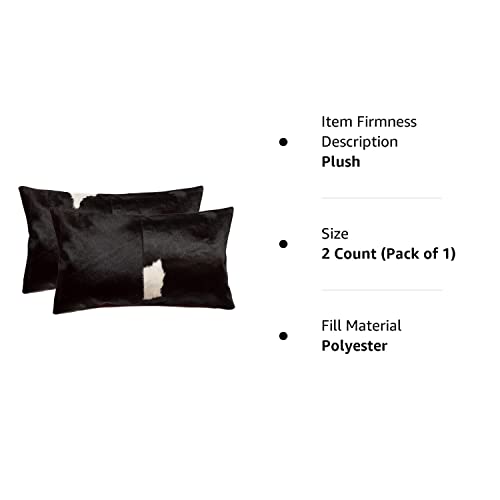 Set of 2, Natural Torino Cowhide Throw Pillows with Poly Insert | Kobe Accent Pillows Handcrafted from 100% Cow Hide, Black & White, 12 in x 20 in