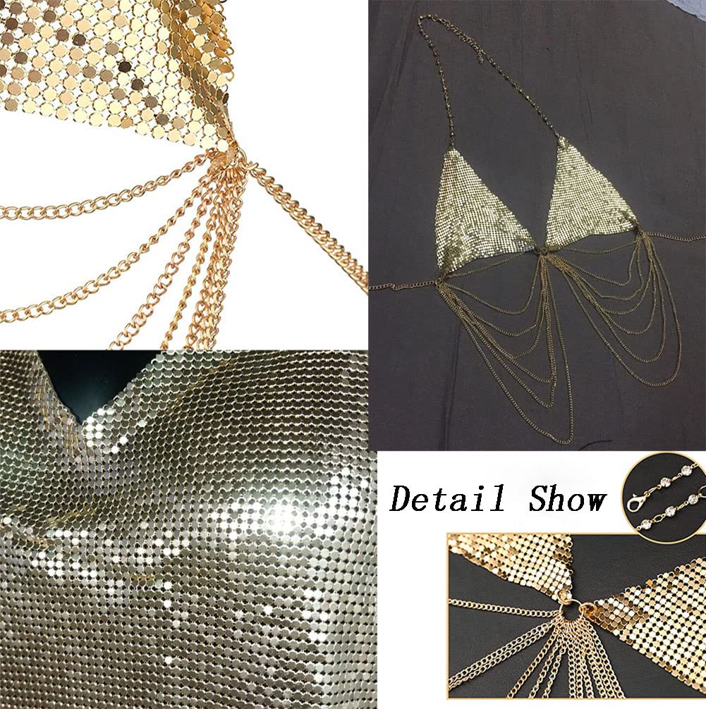 Crystal Sequins Body Chains Tassel Bra Crop Top Beach Bikini Rave Dance Belly Necklace Strap Backless Chain Halter Party for Women Girls