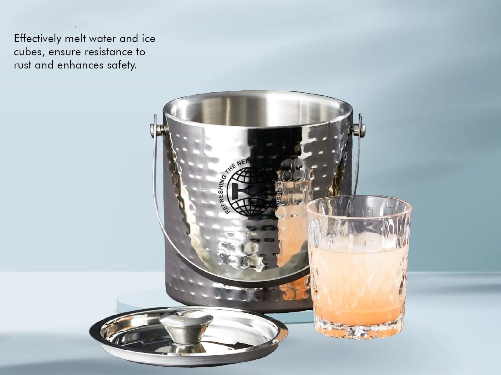 Ice Bucket With Lid, Insulated Hammered Ice Bucket for Cocktail Bar with Ice Tong, Double Walled Stainless Steel, 1.75 L, 1.84 Quarts, Ice Cold For 6 h with Handle (Silver Hammered)