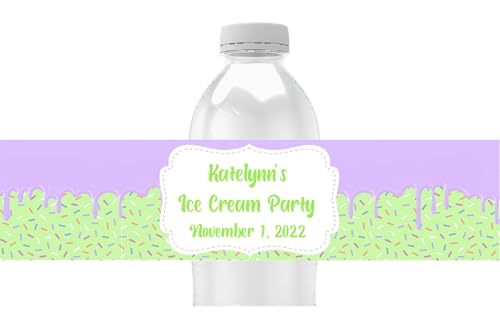 Ice Cream Party, Personalized Water Bottle Labels, Baby Sprinkle Favors, Pack of 25 Peel and Stick Waterproof Wrappers (Purple/Green)