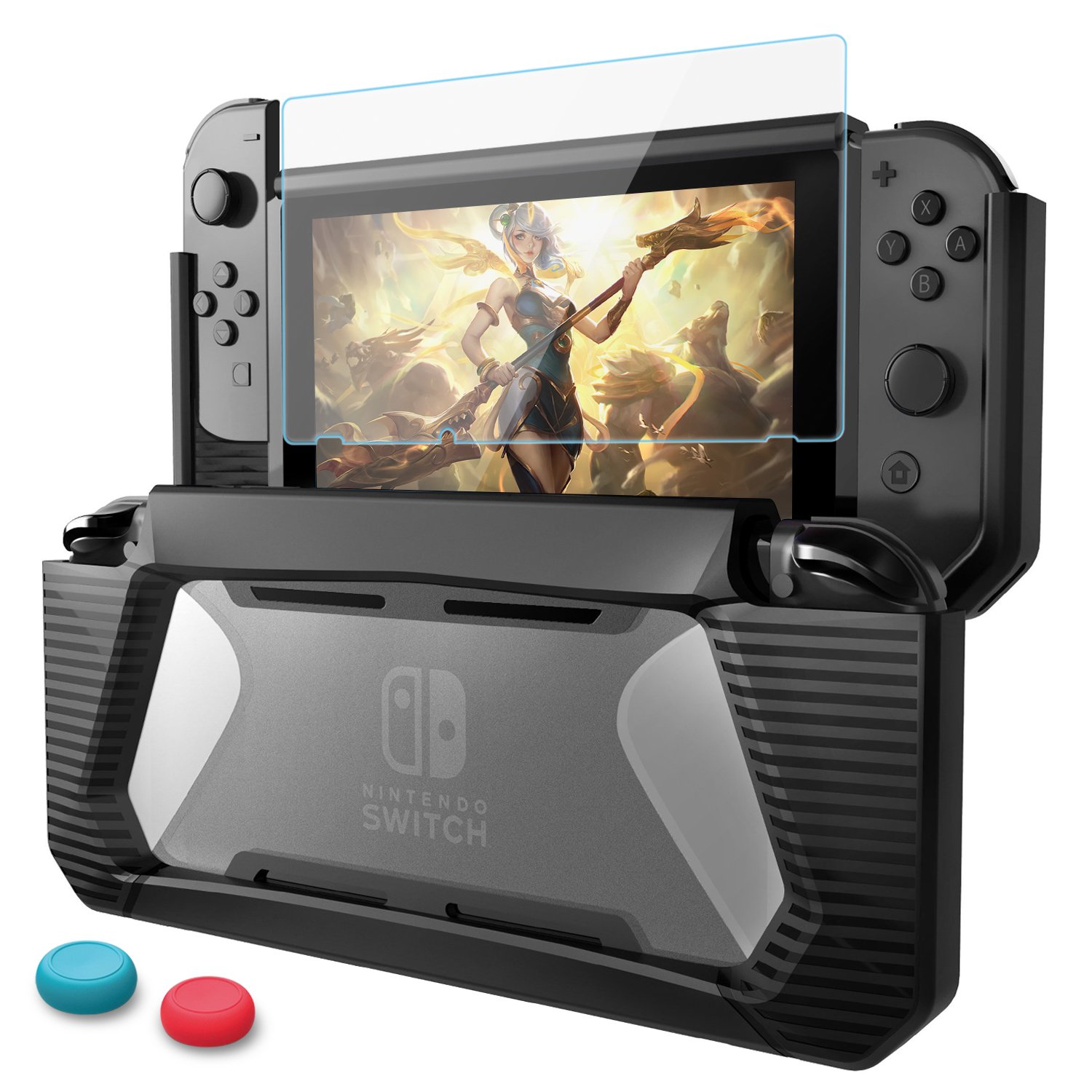 Compatible with Nintendo Switch Case with Screen Protector,AISITIN TPU Protective Heavy Duty Cover Case for Nintendo Switch with Shock-Absorption and Anti-Scratch (Black)