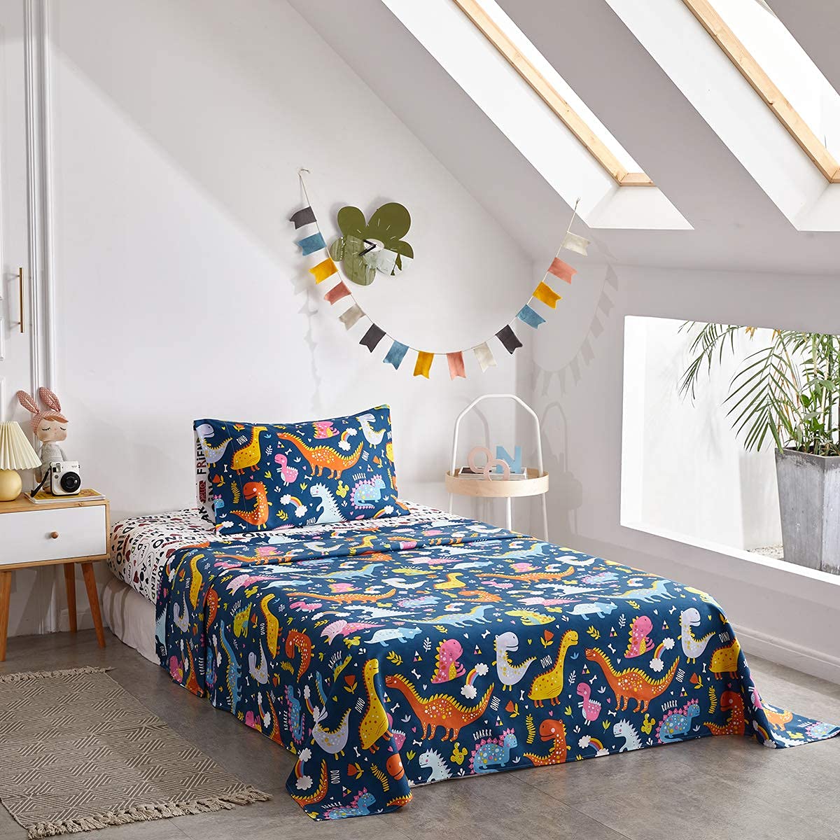 Dinosaur Twin Sheet Set for Kids Boys Teens Cute 3 Pieces Navy Microfiber Bedding Set with Pink Blue Orange Gray Dinosaurs Colorful Monster Style